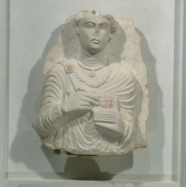 Palmyra, funerary relief of a scribe with a Horus lock; 2nd/3rd century ...